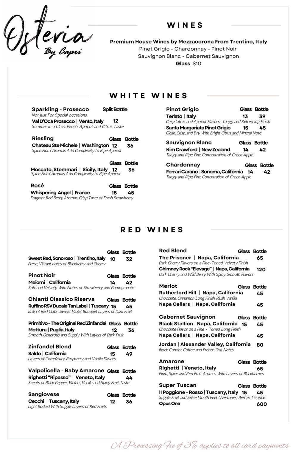 Menu - Osteria by Capri